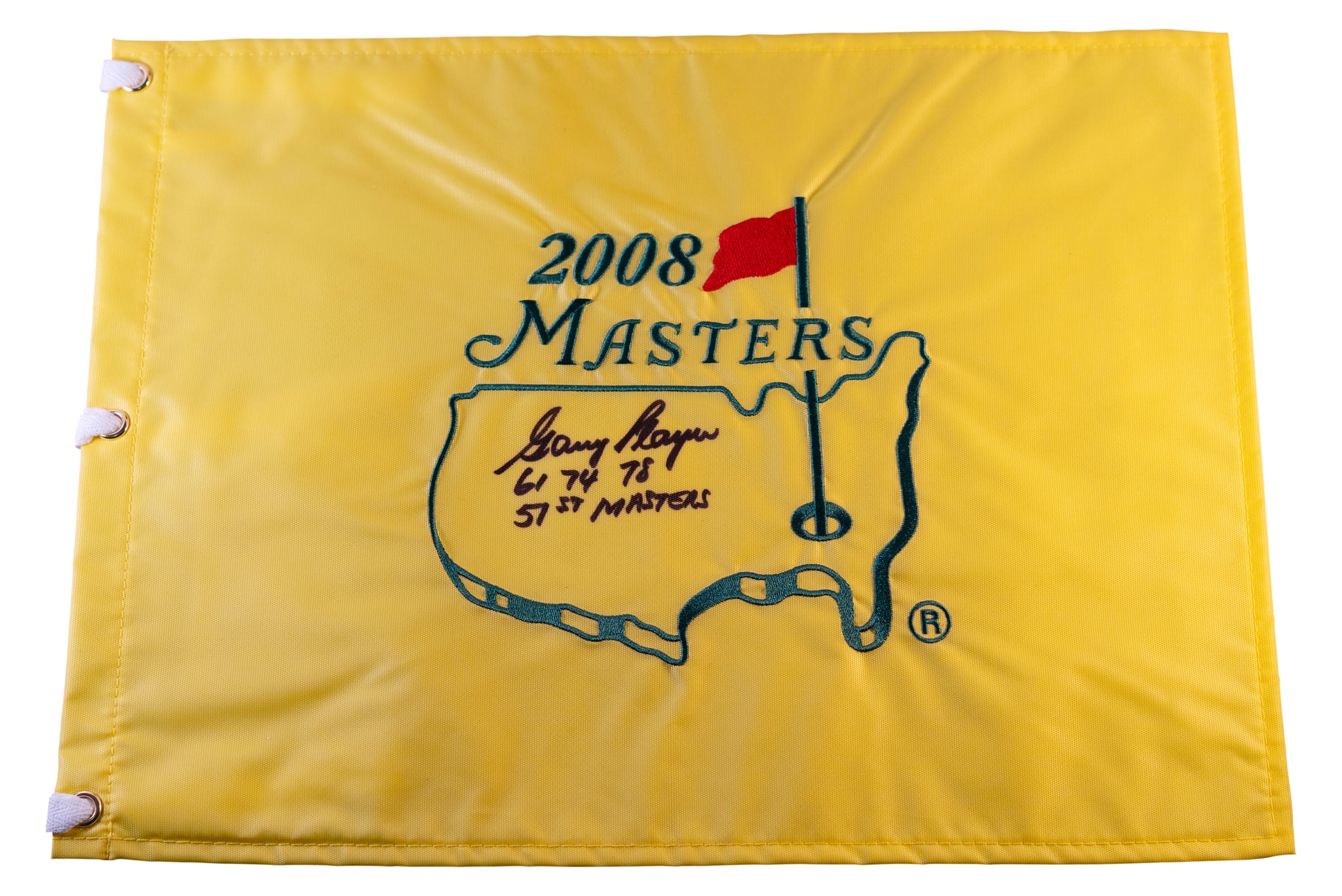 Gary Player Signed 2008 Masters Pin Flag - Inscribed "61 74 78" and "5 ...