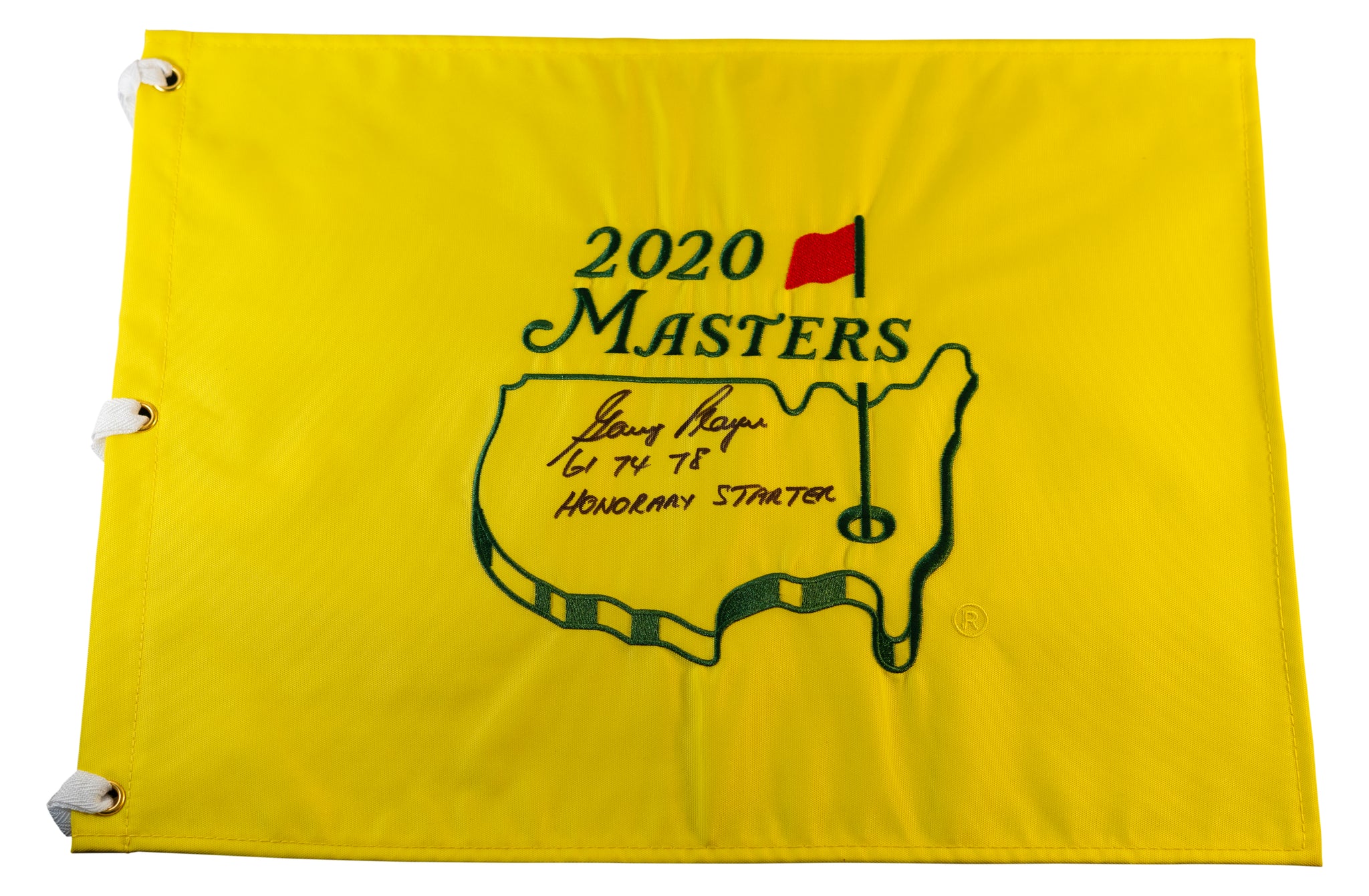 Gary Player Signed 2020 Masters Pin Flag - Inscribed "61 74 78" and "H ...